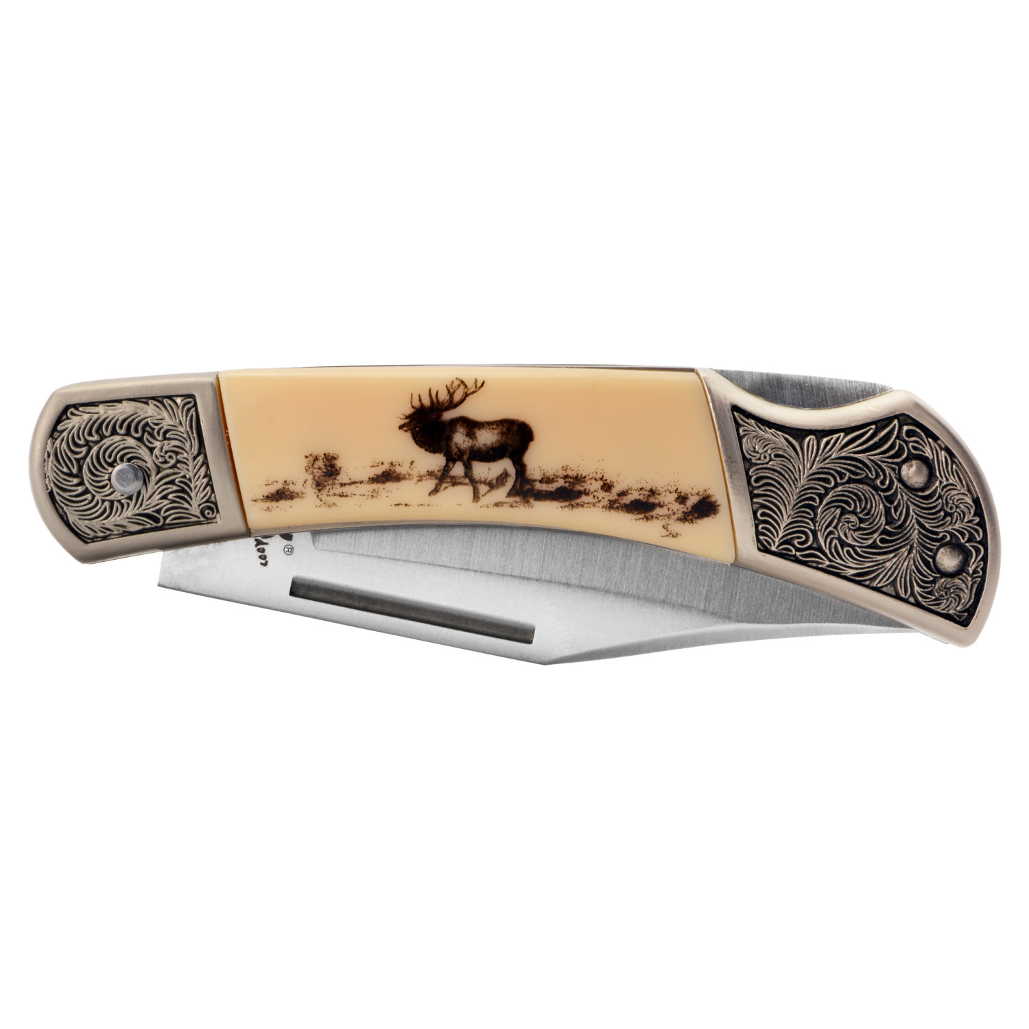 Klappmesser mit Griffverziehrung mit Hirsch-Motiv und Back-Lock ...